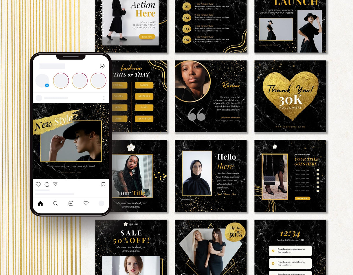 Black & Gold Instagram Templates Bundle Kit - DigiPax